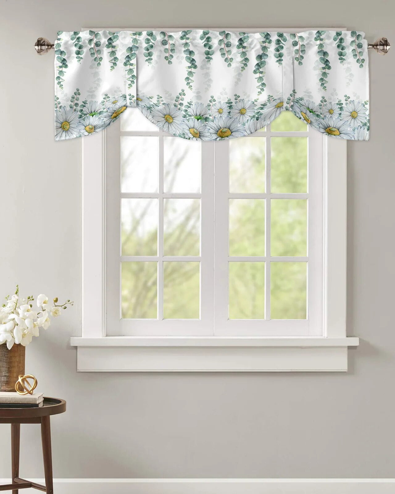 Farmhouse Eucalyptus Leaves Daisy Short Window Curtain Adjustable Tie ...