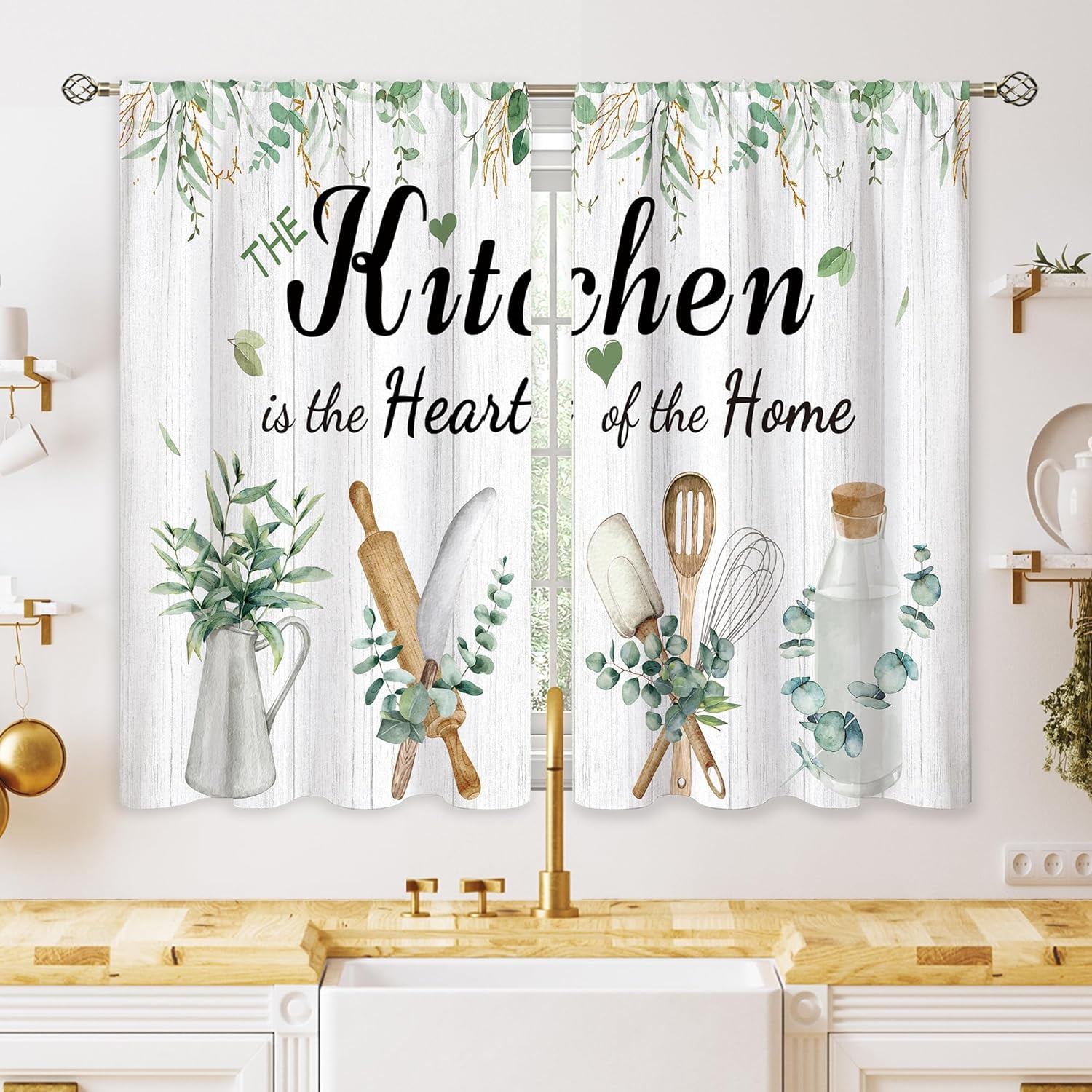 Farmhouse Eucalyptus Leaves Small Kitchen Curtains Rustic Window ...
