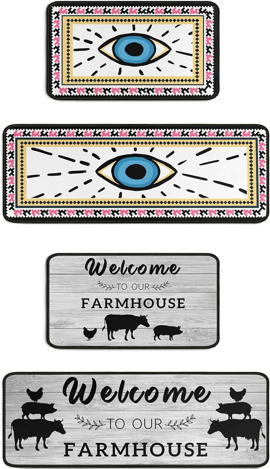Farmhouse + Evil Eye Kitchen Rugs Set Non-Slip Kitchen Floor Mat ...