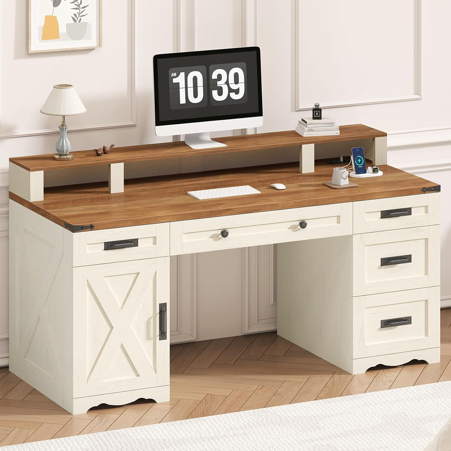 Farmhouse Executive Desk with Drawers & Storage Shelves, 55" Computer ...