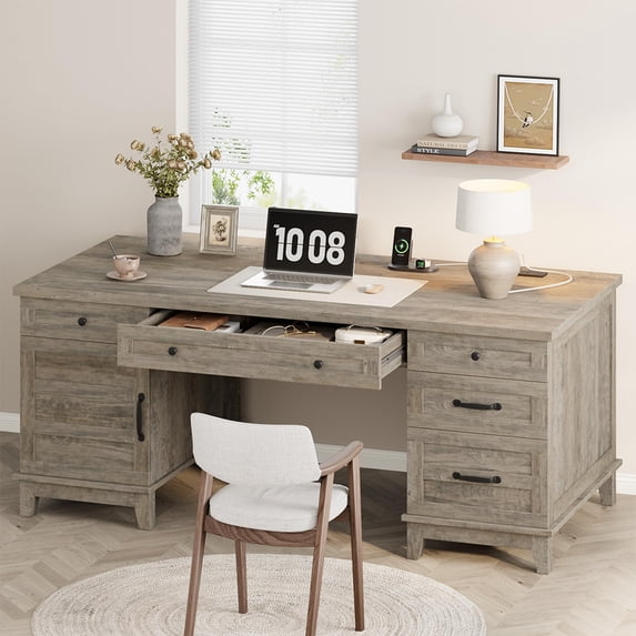 Farmhouse Executive Home Office Desk 60" with Power Outlets & USB ...