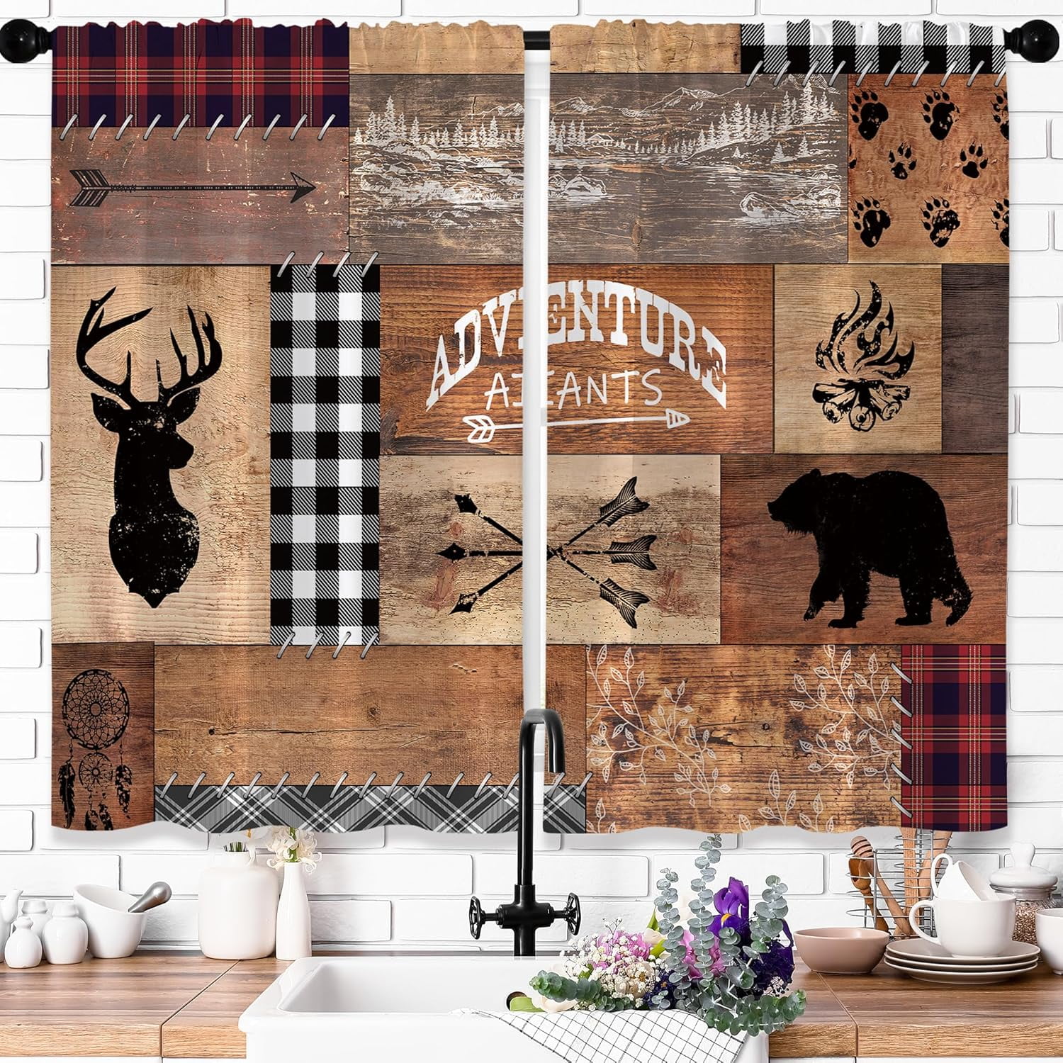 Farmhouse Fall Cabin Kitchen Curtains Rustic Woodland Brown Bear Deer ...