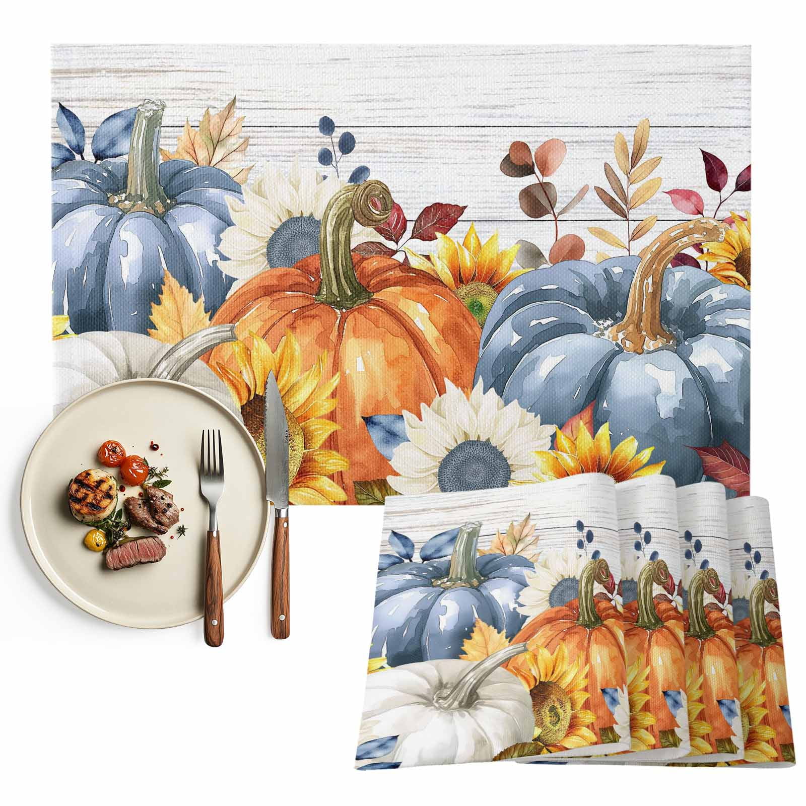 Farmhouse Fall Thanksgiving Placemats Set of 2, Orange Blue White ...