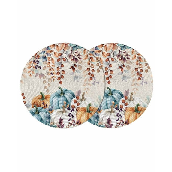 Farmhouse Fall Thanksgiving Round Table Placemats set of 2, Orange Blue ...
