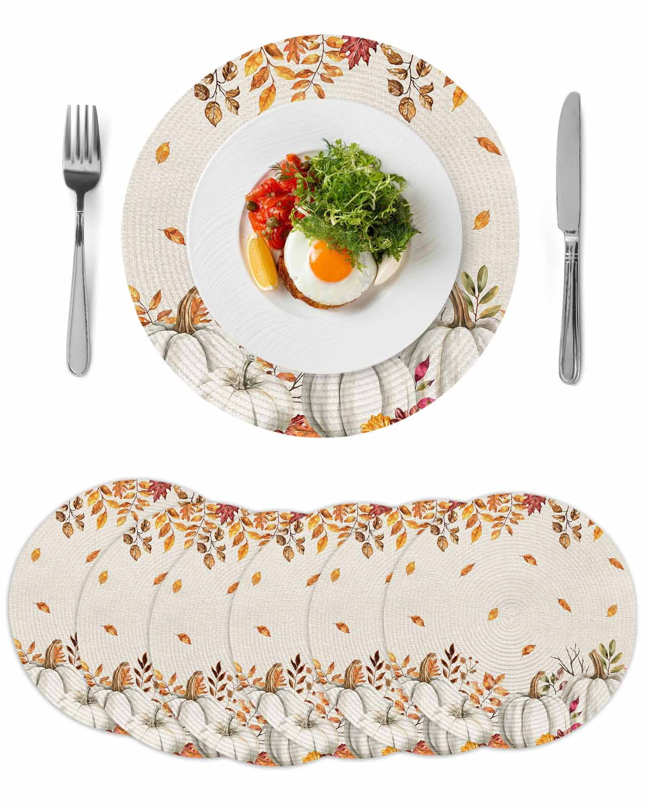 Farmhouse Fall Thanksgiving Round Table Placemats set of 6, Boho White ...