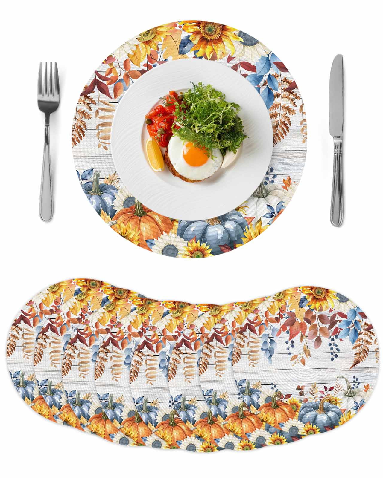 Farmhouse Fall Thanksgiving Round Table Placemats set of 8, Orange Blue ...