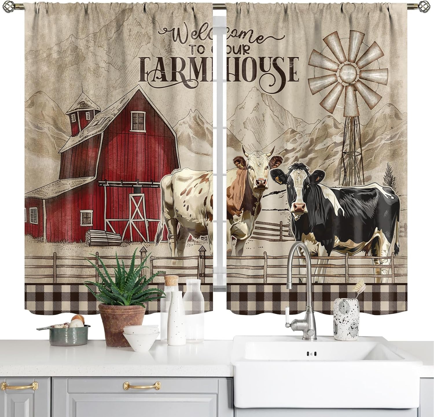 Farmhouse Farm Kitchen Curtains Rustic Vintage Cute Animal Short ...