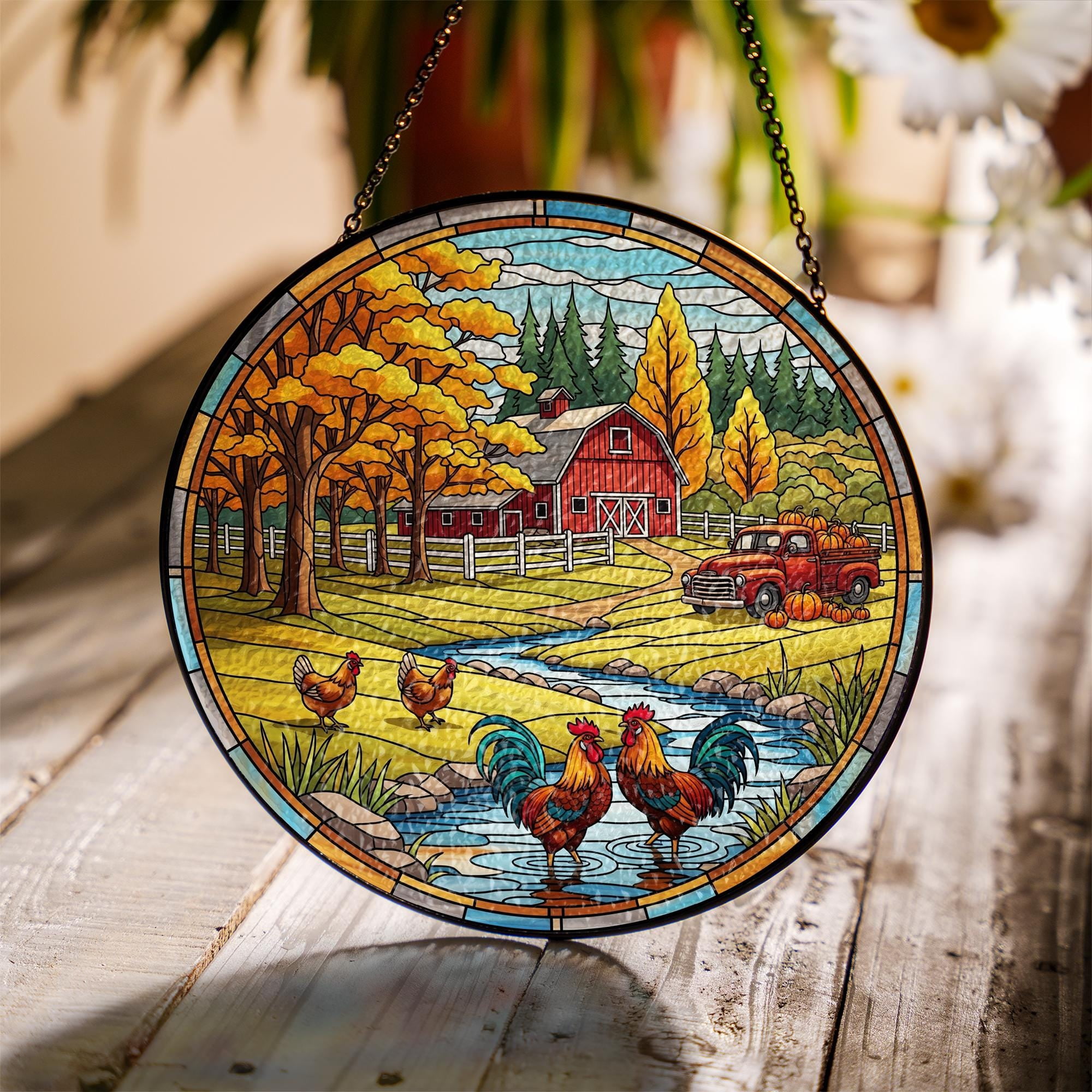 Farmhouse Faux Stained Glass Suncatcher | Rooster & Barn Window Hanging ...