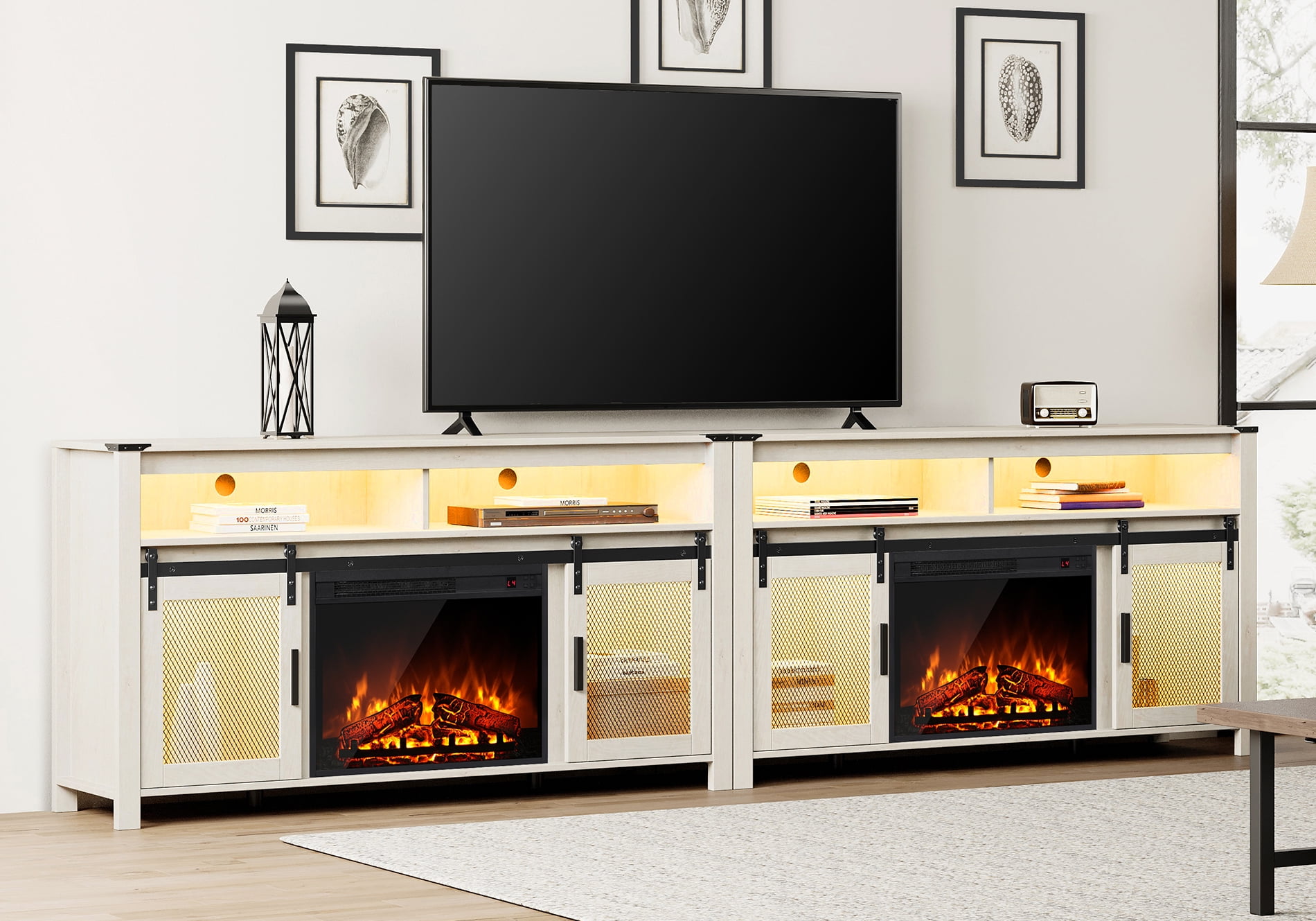 Farmhouse Fireplace TV Stand for 100+ Inch TV, Set of 2 Entertainment ...