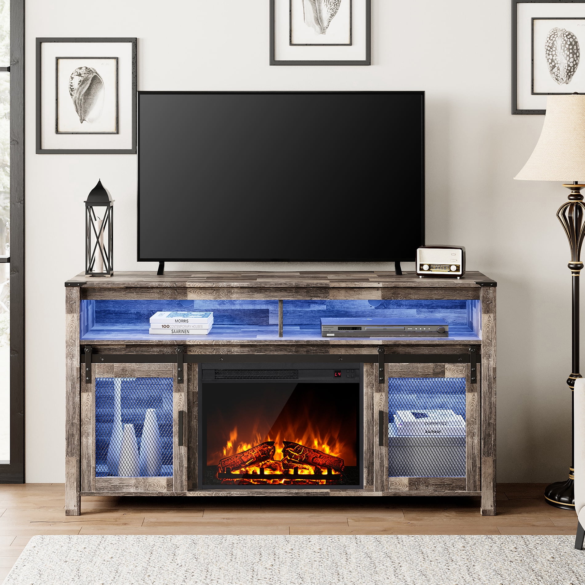 Farmhouse Fireplace TV Stand for 65+ Inch TV, Highboy Entertainment ...
