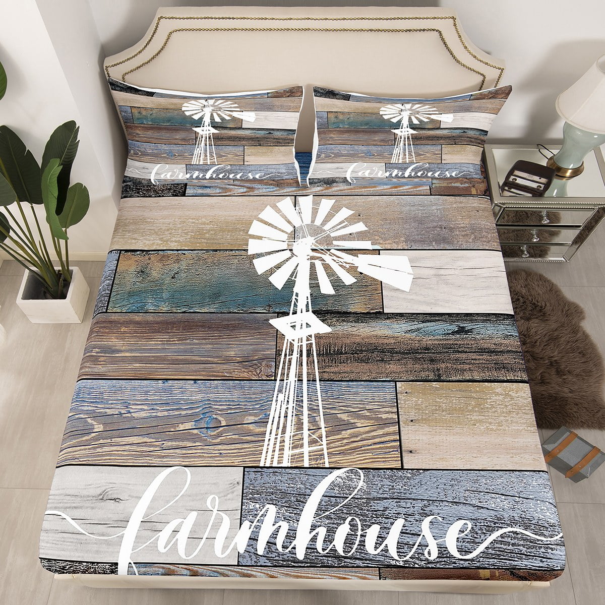 Farmhouse Fitted Sheet Queen Size, Windmill Bedding Set Western Country ...