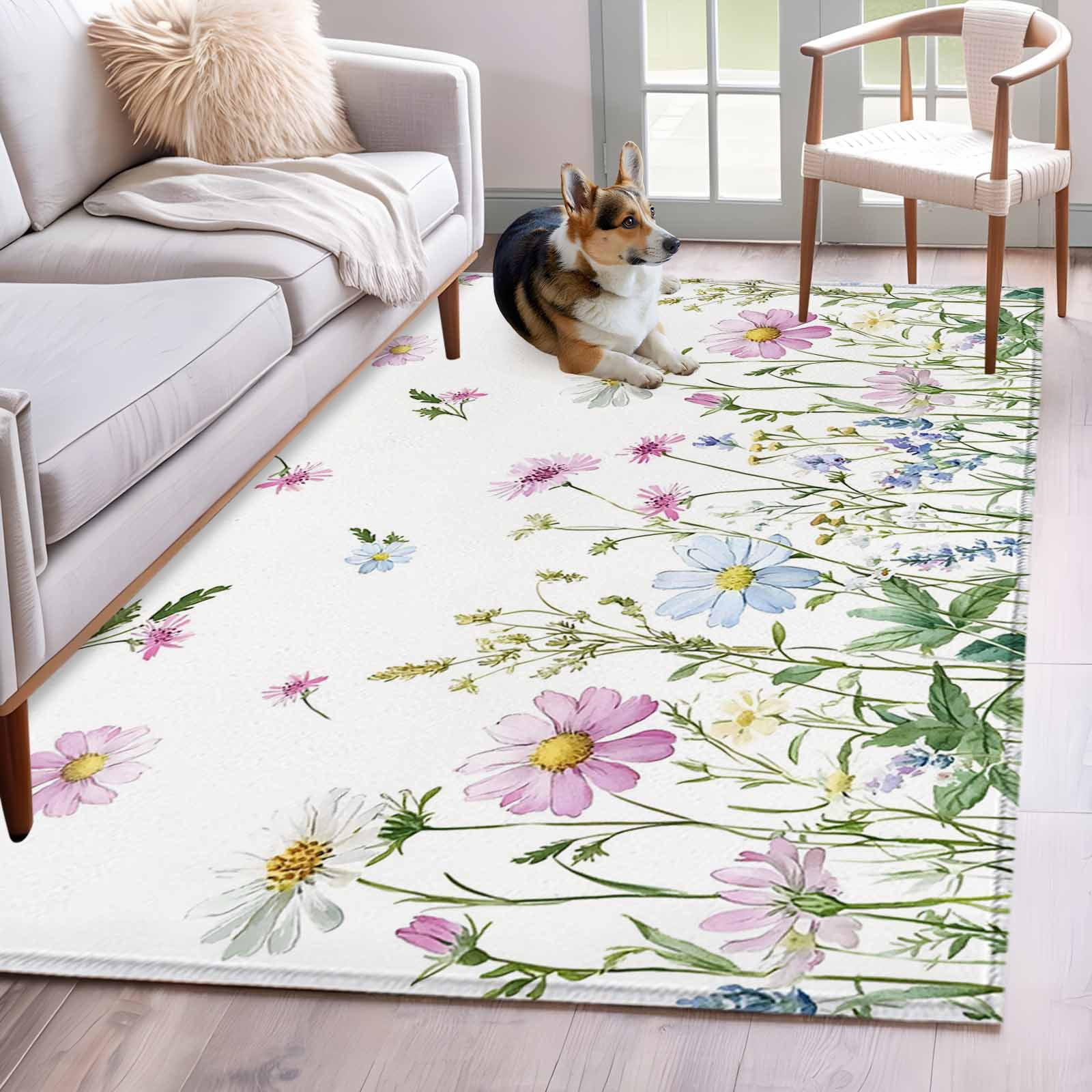 Farmhouse Floral Area Rugs 4x6 ft Wildflowers Herb Plant Fields ...