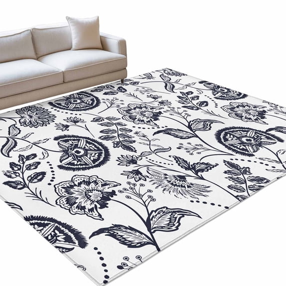Farmhouse Floral Area Rugs 6x9ft Dark Black Pastoral Botanical Country ...