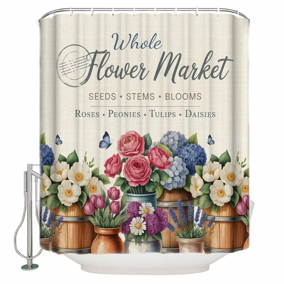 Farmhouse Floral Bathroom Shower Curtains with 12 Hooks Polyester ...