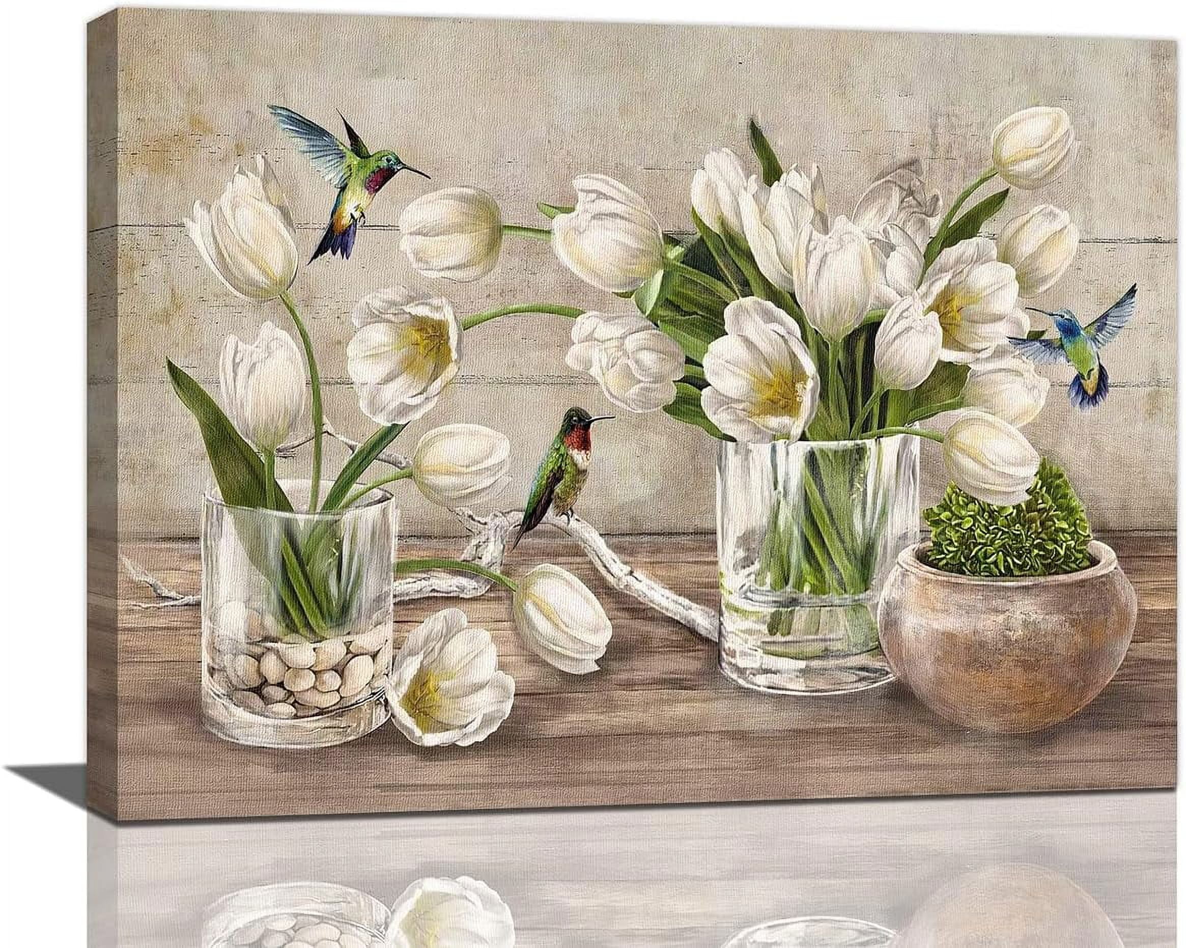 Farmhouse Floral Bathroom Wall Art, Tulip Hummingbird, 16"x12 ...