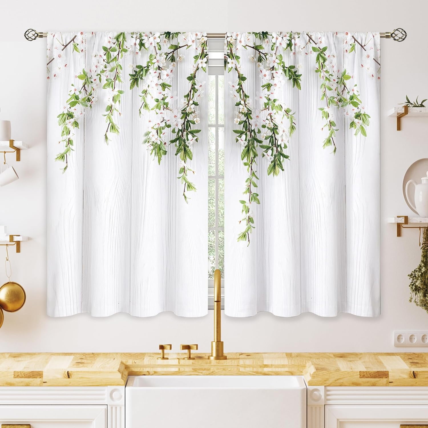 Farmhouse Floral Botanical Wooden Green Leaf Small Kitchen Curtains ...
