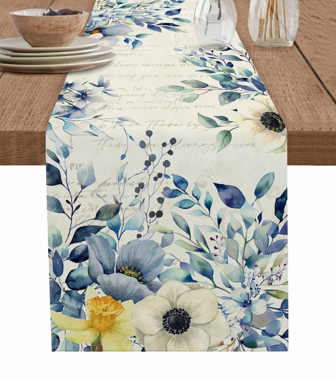 Farmhouse Floral Burlap-Cotton Table Runner 60 Inch Long,Sage Green ...