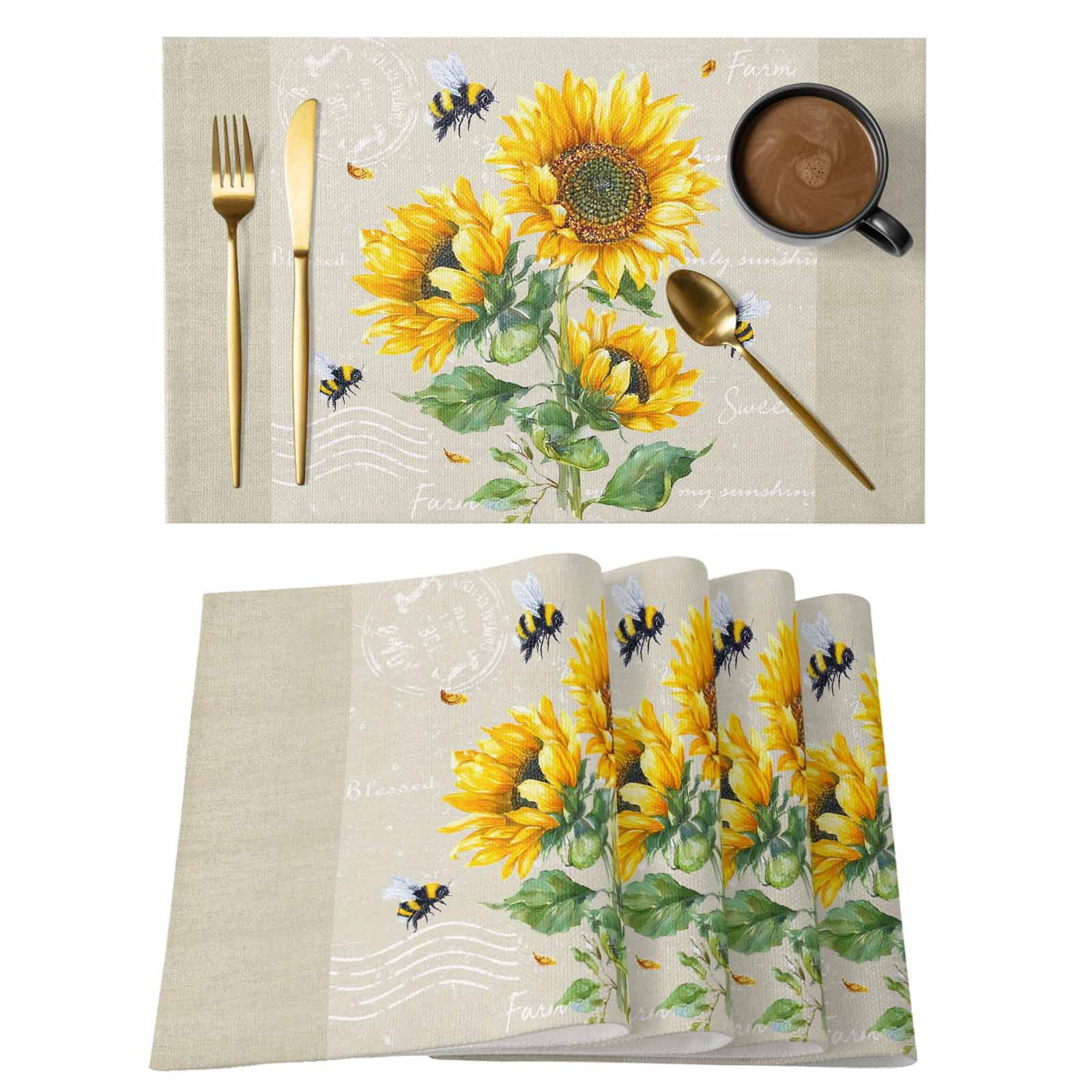 Farmhouse Floral Cotton Linen Placemats Set of 12, Sunflowers Bee ...