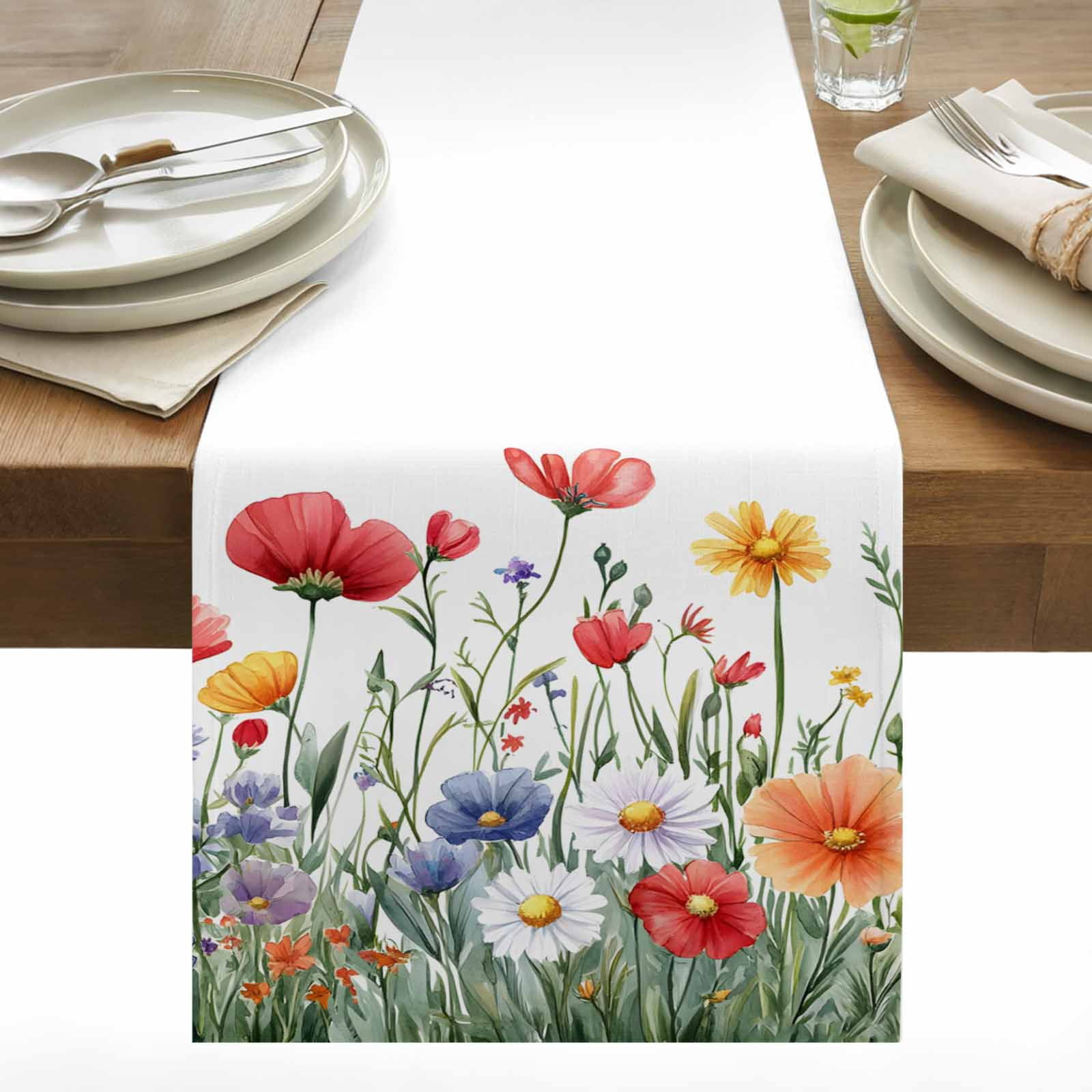 Farmhouse Floral Cotton Linen Table Runner Nature Colorful Wildflower ...