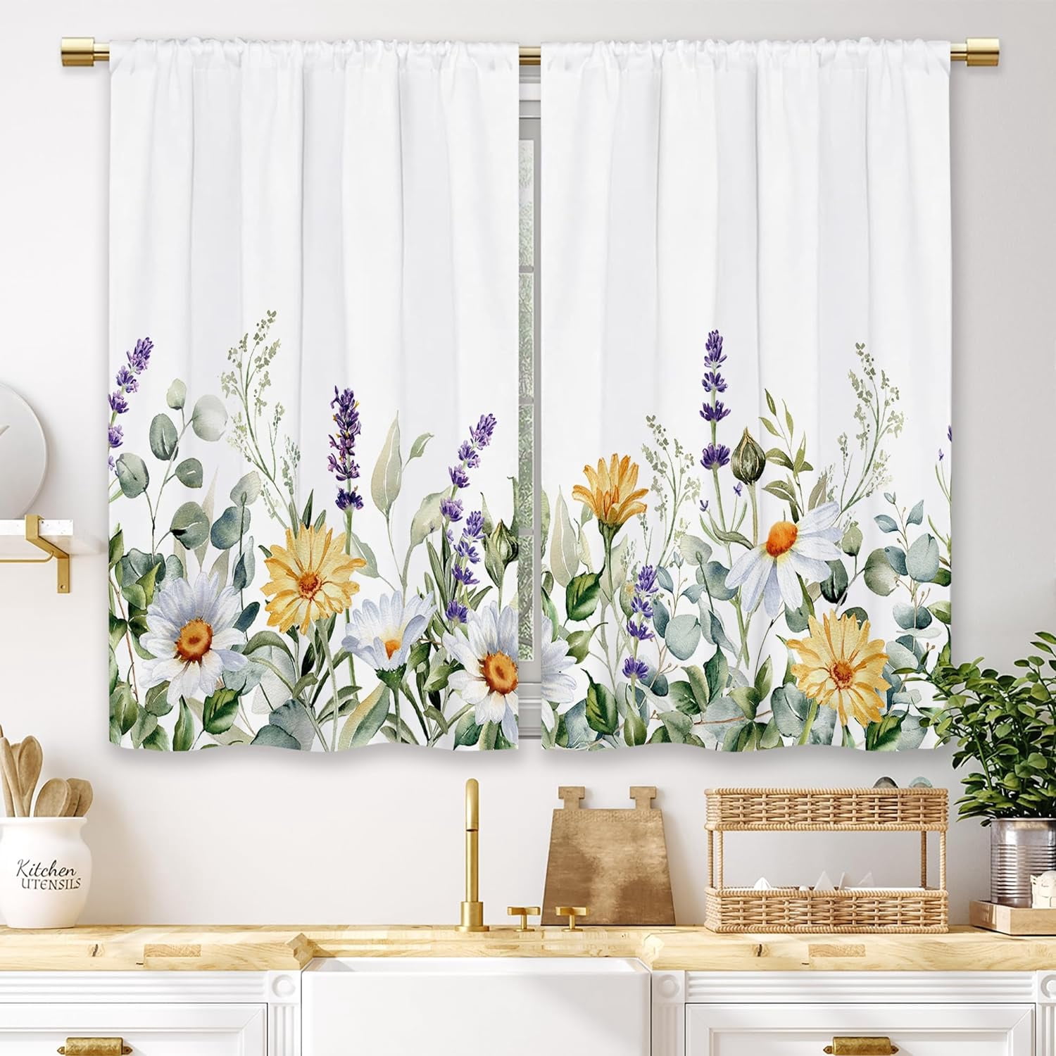 Farmhouse Floral Daisy Kitchen Curtains Sunflower Flower Plant Rustic ...