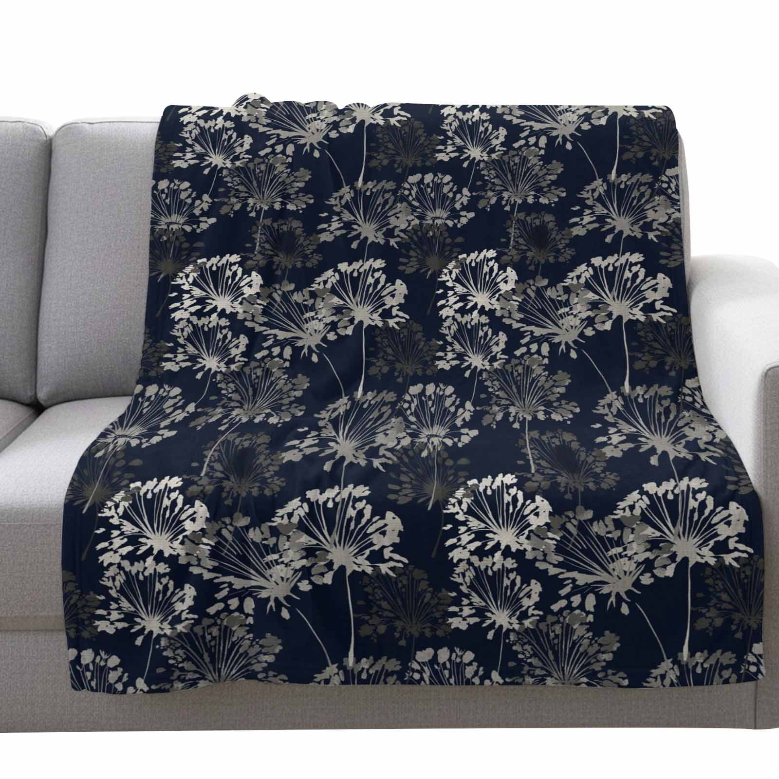 Farmhouse Floral Fleece Throw Blanket Lightweight Navy Blue White ...