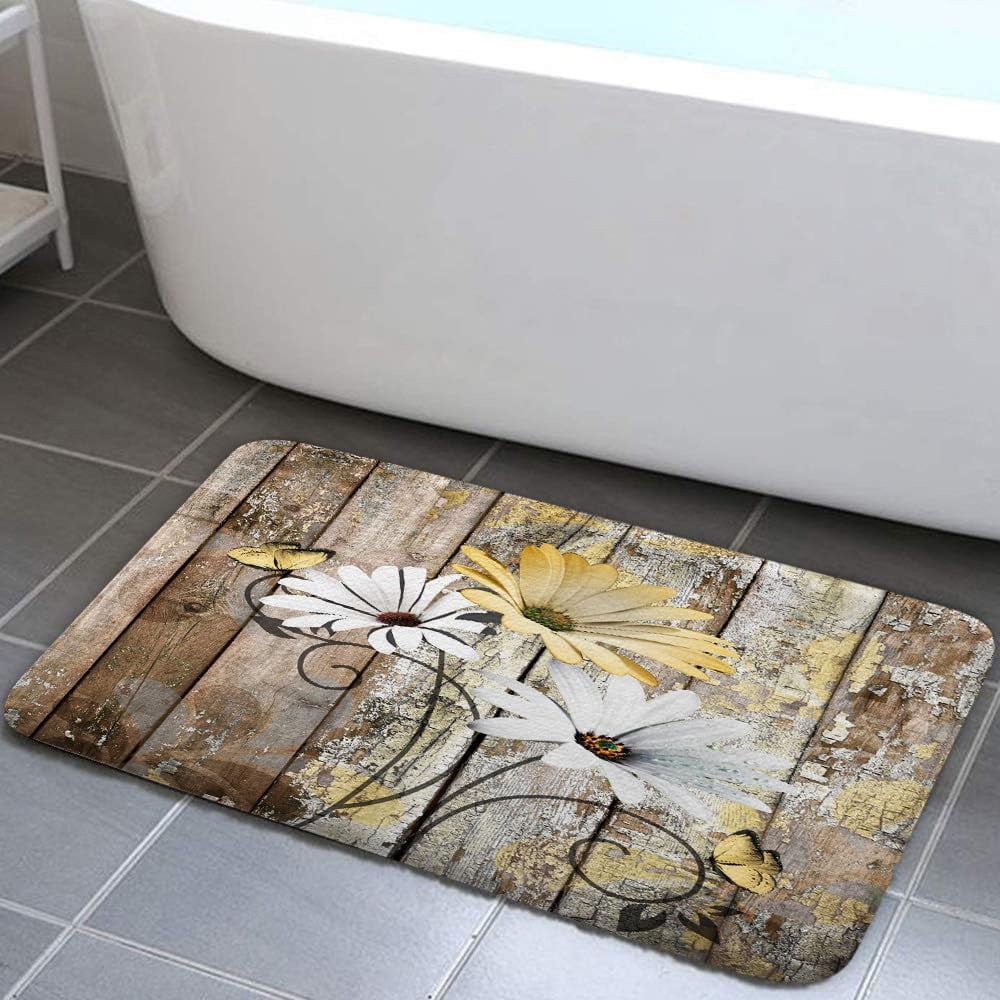 Farmhouse Floral Flower Bath Mat, Daisy Rustic Wooden Plank Country ...