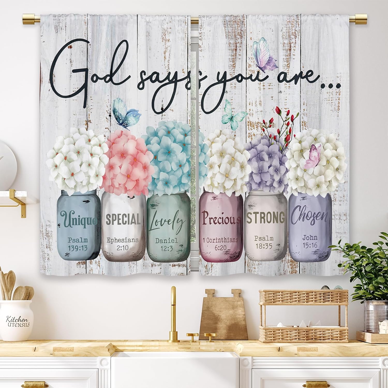 Farmhouse Floral Inspirational Bible Kitchen Curtains Flower God Says ...