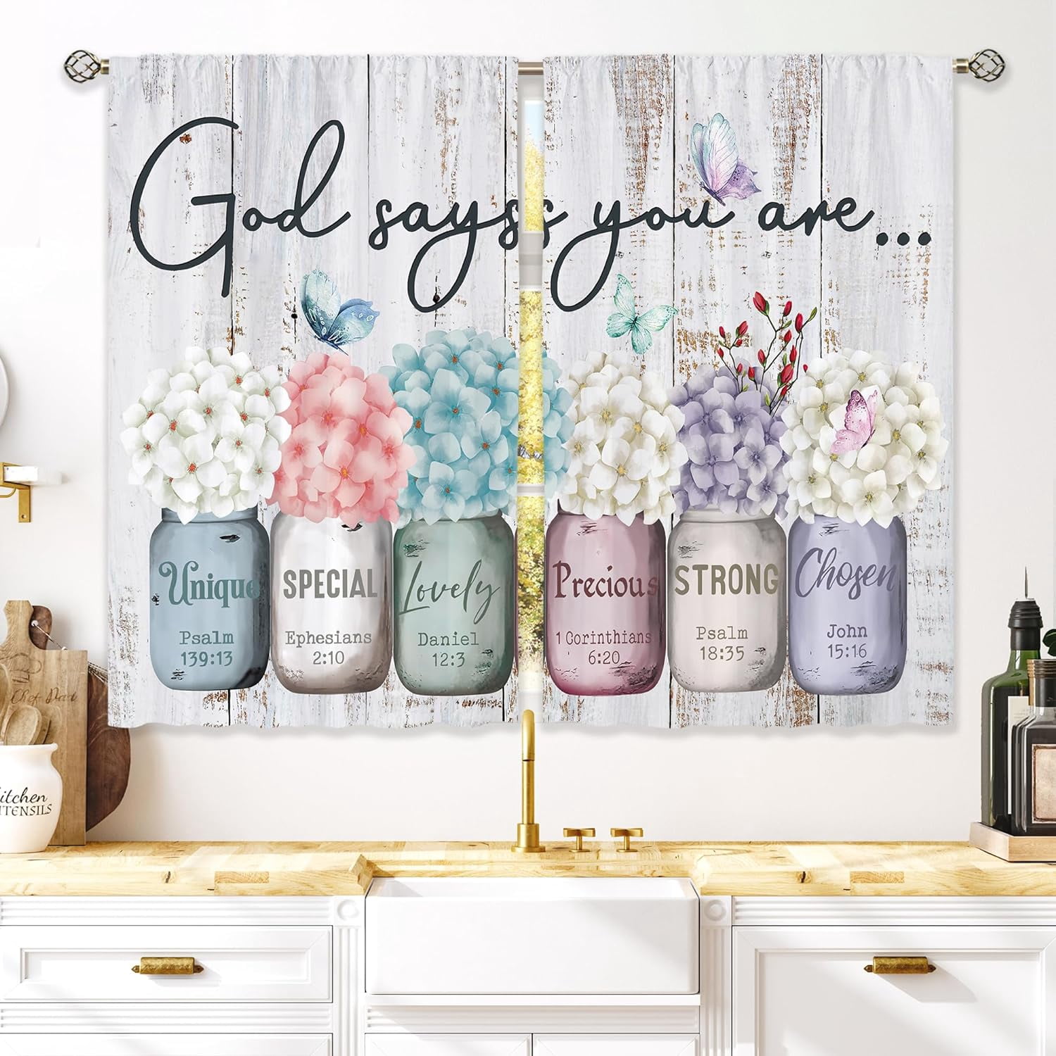 Farmhouse Floral Inspirational Bible Kitchen Curtains Flower God Says ...