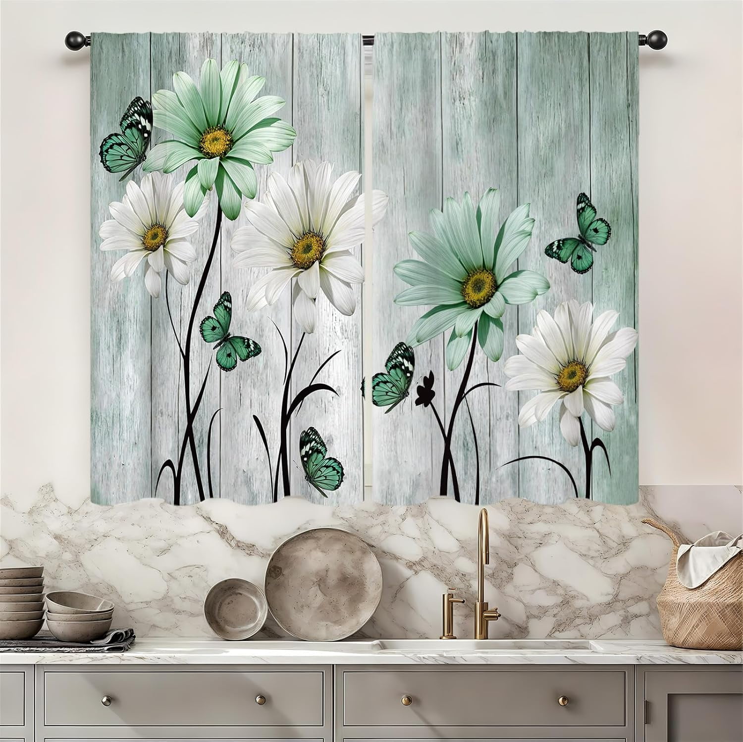 Farmhouse Floral Kitchen Curtain 27.5W X 39L Inch 2 Panel Rod Pocket ...