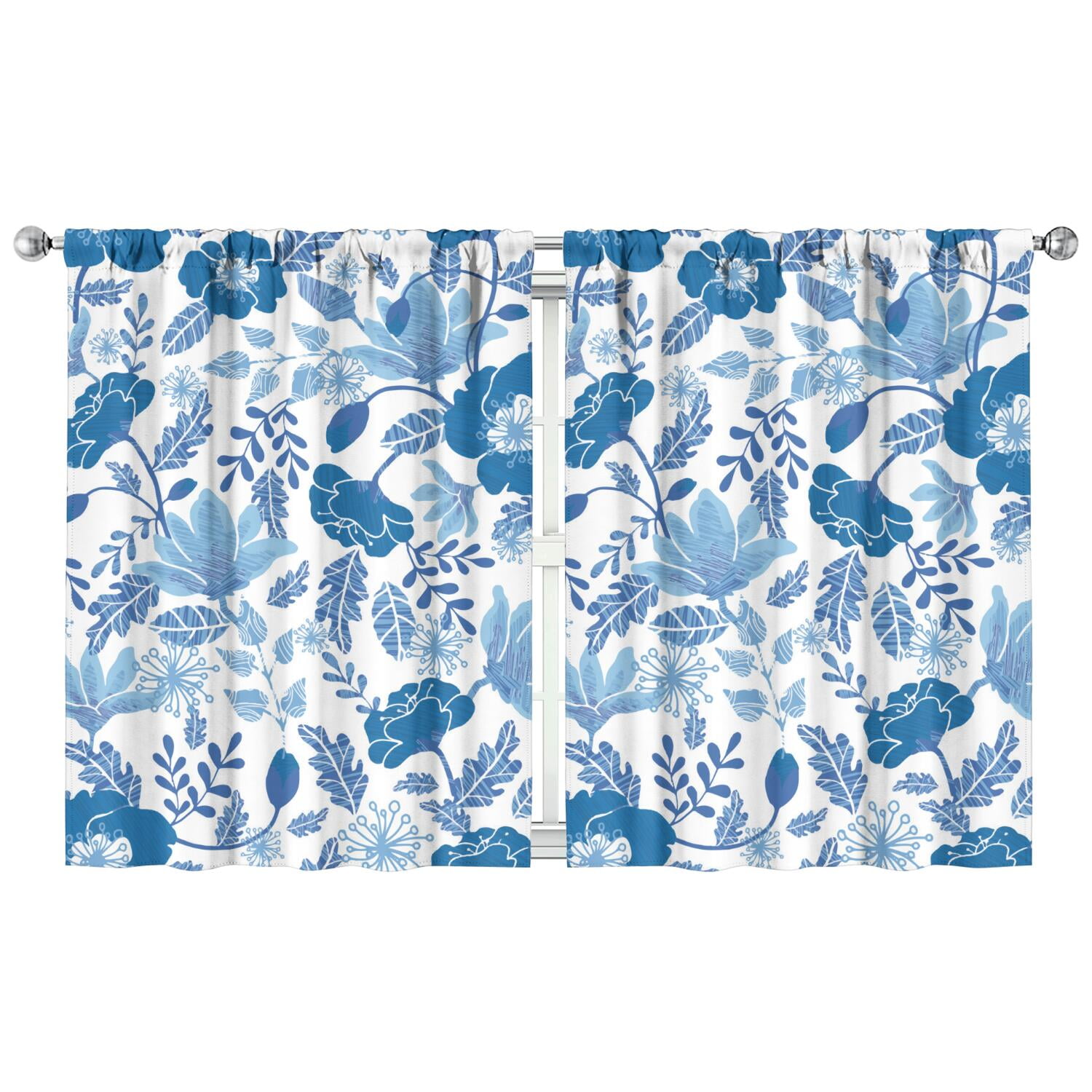 Farmhouse Floral Kitchen Curtains 2 Pack - Rustic Bloom Pattern Semi-Sheer Tier Panels 42x54 ...