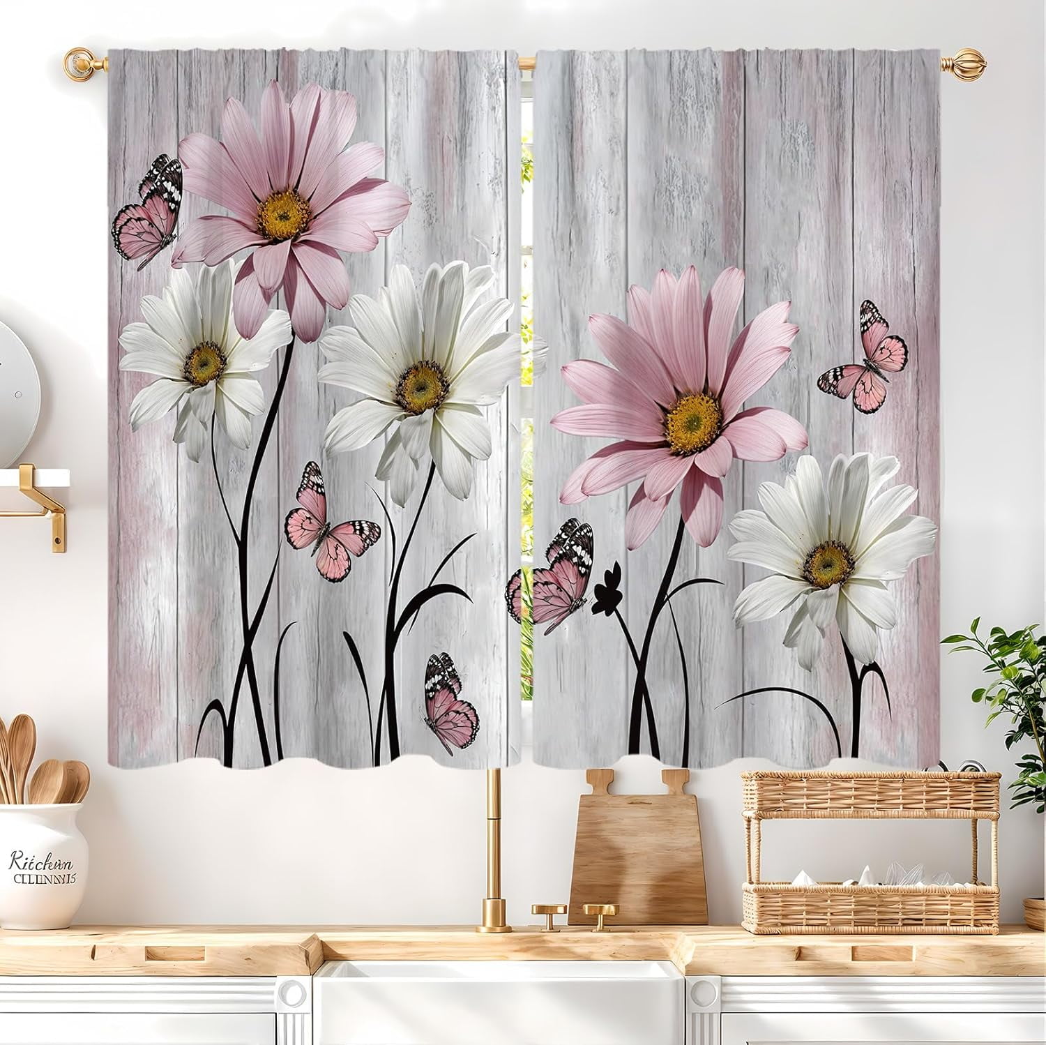 Farmhouse Floral Kitchen Curtains 27.5W X 39L Inch 2 Panel Rod Pocket Rustic Pink Flower Vintage ...