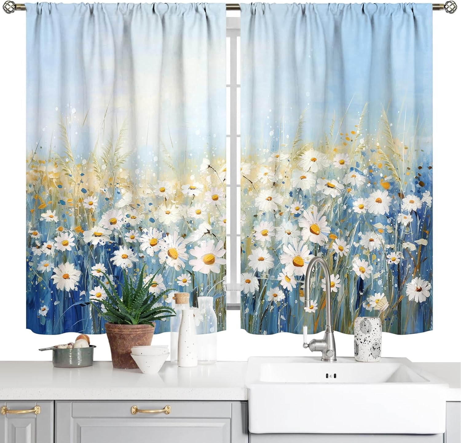 Farmhouse Floral Kitchen Curtains Blue Rustic Daisy Flower Small Short ...