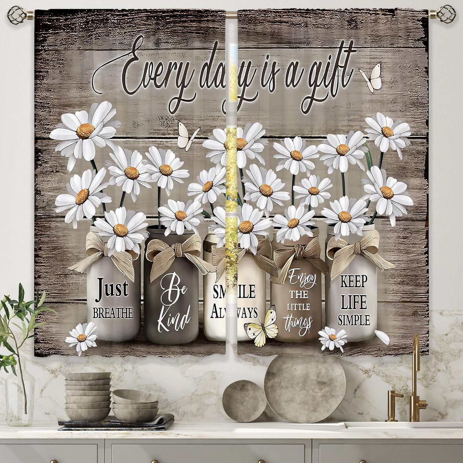 Farmhouse Floral Kitchen Curtains Daisy Rustic Vintage Flower ...