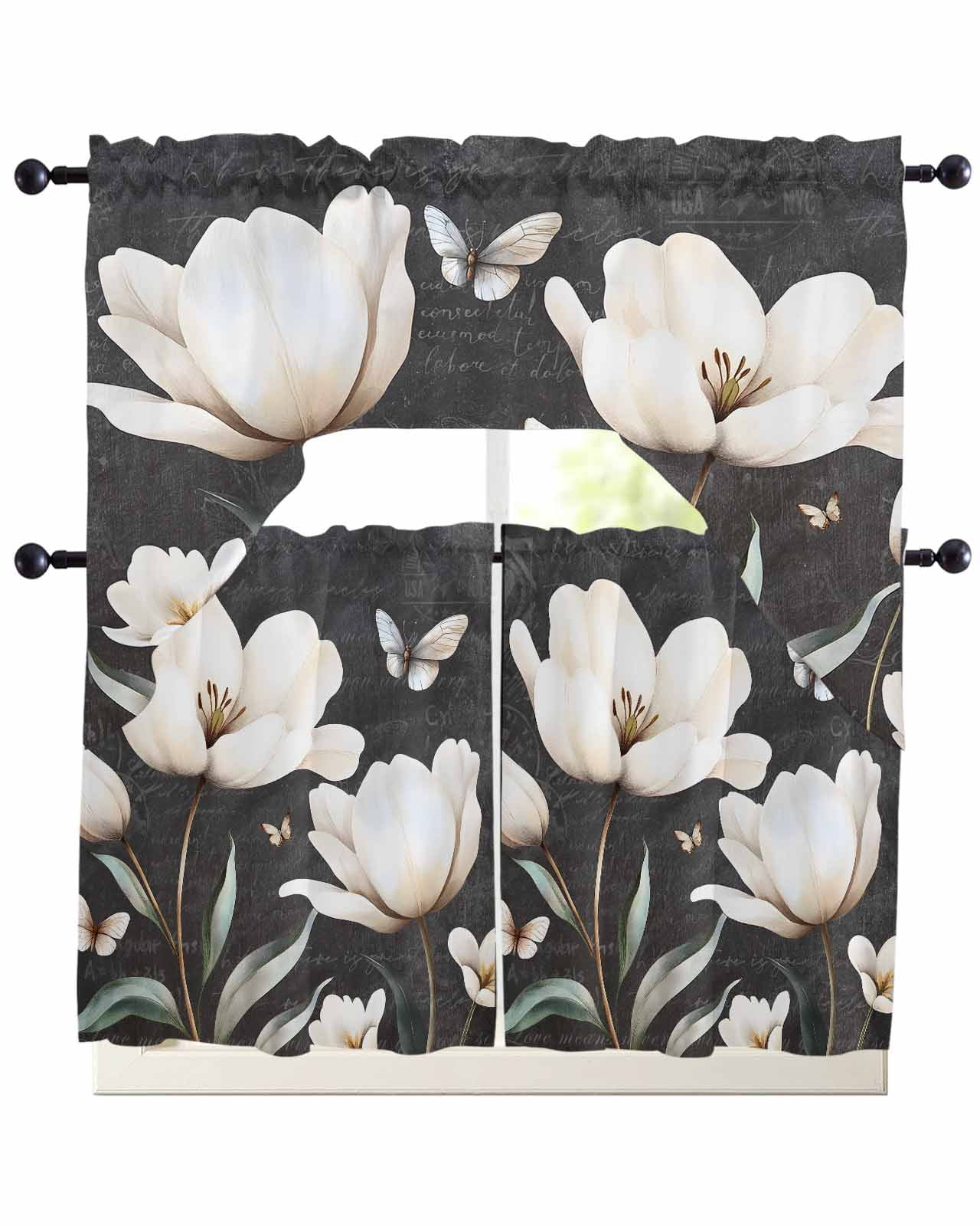 Farmhouse Floral Kitchen Curtains Swag Valance and Tier Curtains Set 24 Inch Length, Magnolia ...