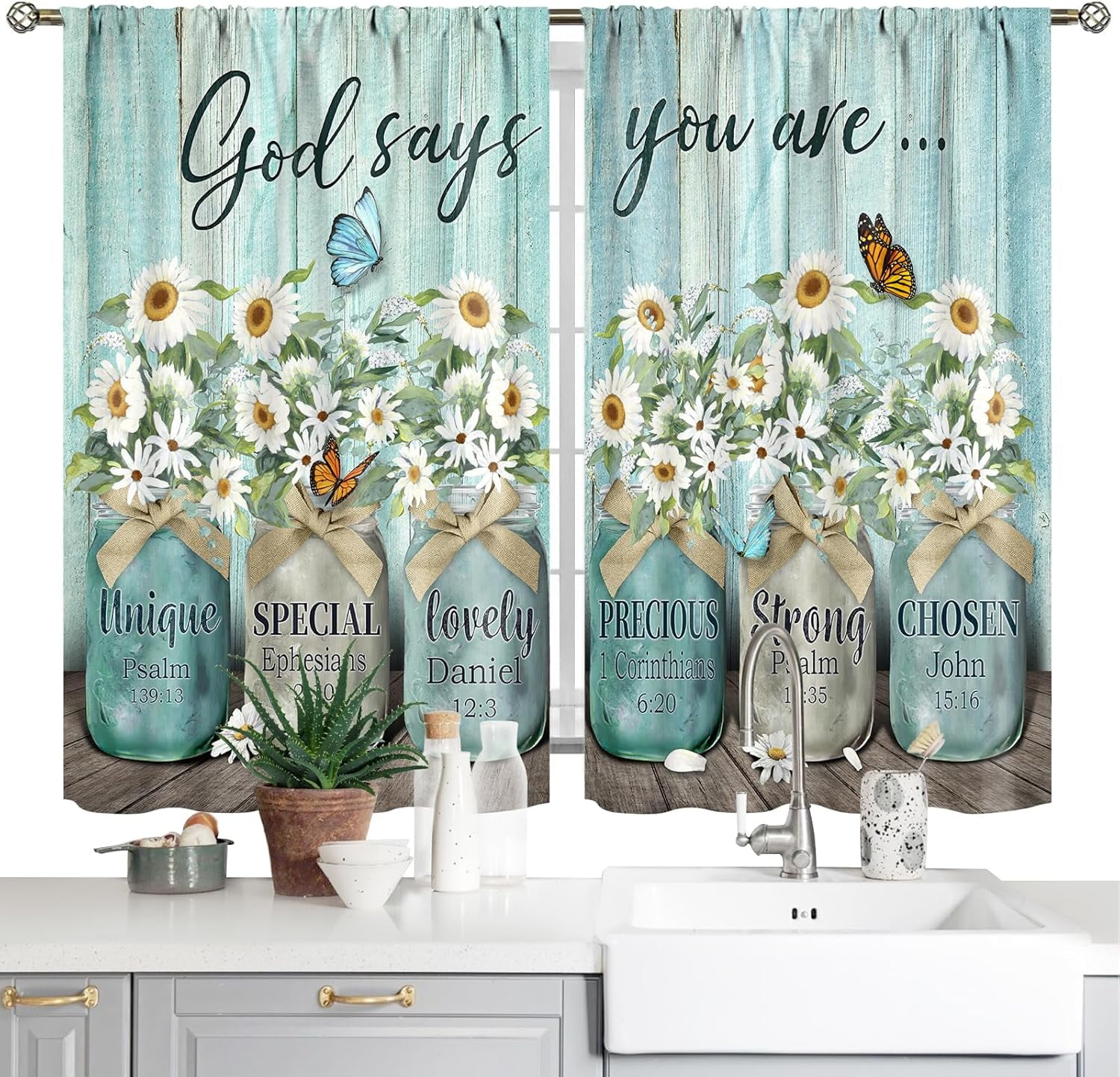 Farmhouse Floral Kitchen Curtains Teal Daisy Rustic Vintage Flower ...