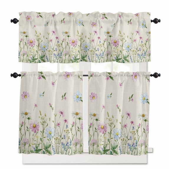 Farmhouse Floral Kitchen Curtains Valance and Tier Set Wildflowers Herb ...