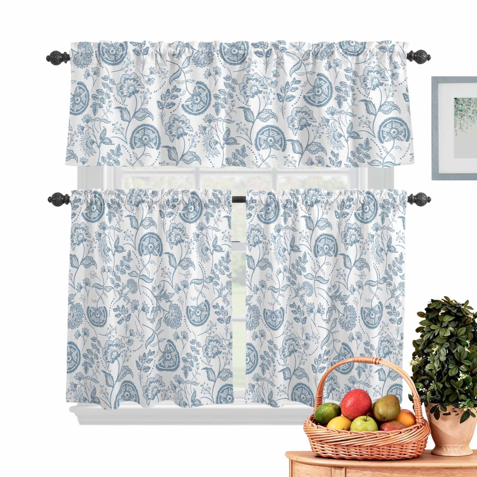 Farmhouse Floral Kitchen Curtains Valances 3 Piece Set, Light Blue ...