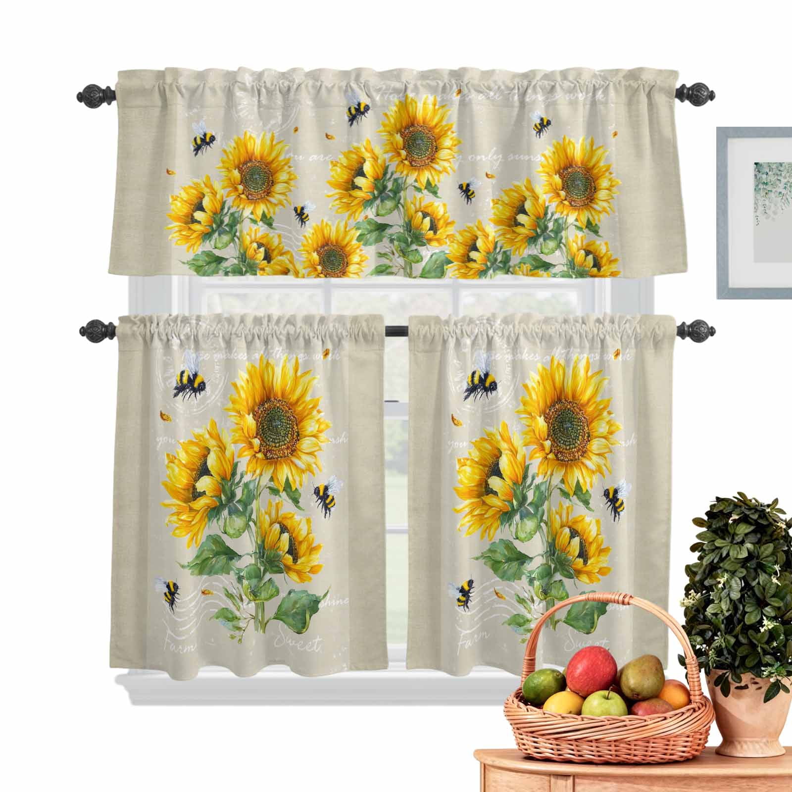 Farmhouse Floral Kitchen Curtains Valances 3 Piece Set, Sunflowers Bee ...