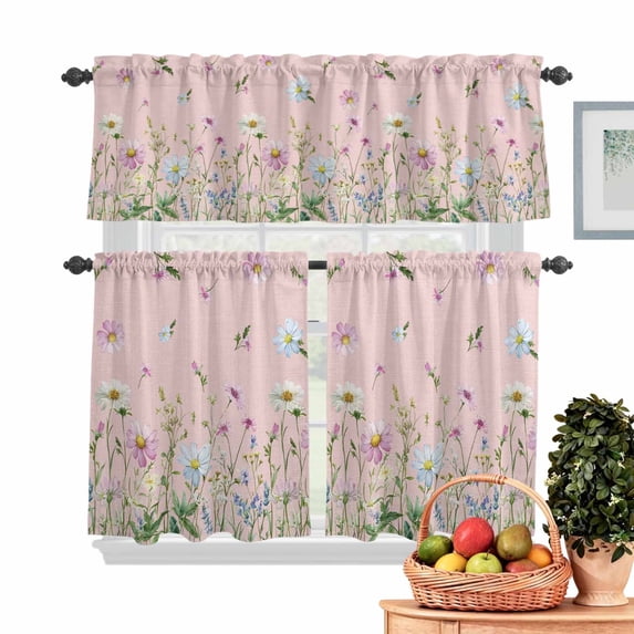 Farmhouse Floral Kitchen Curtains Valances 3 Piece Set, Wildflowers ...