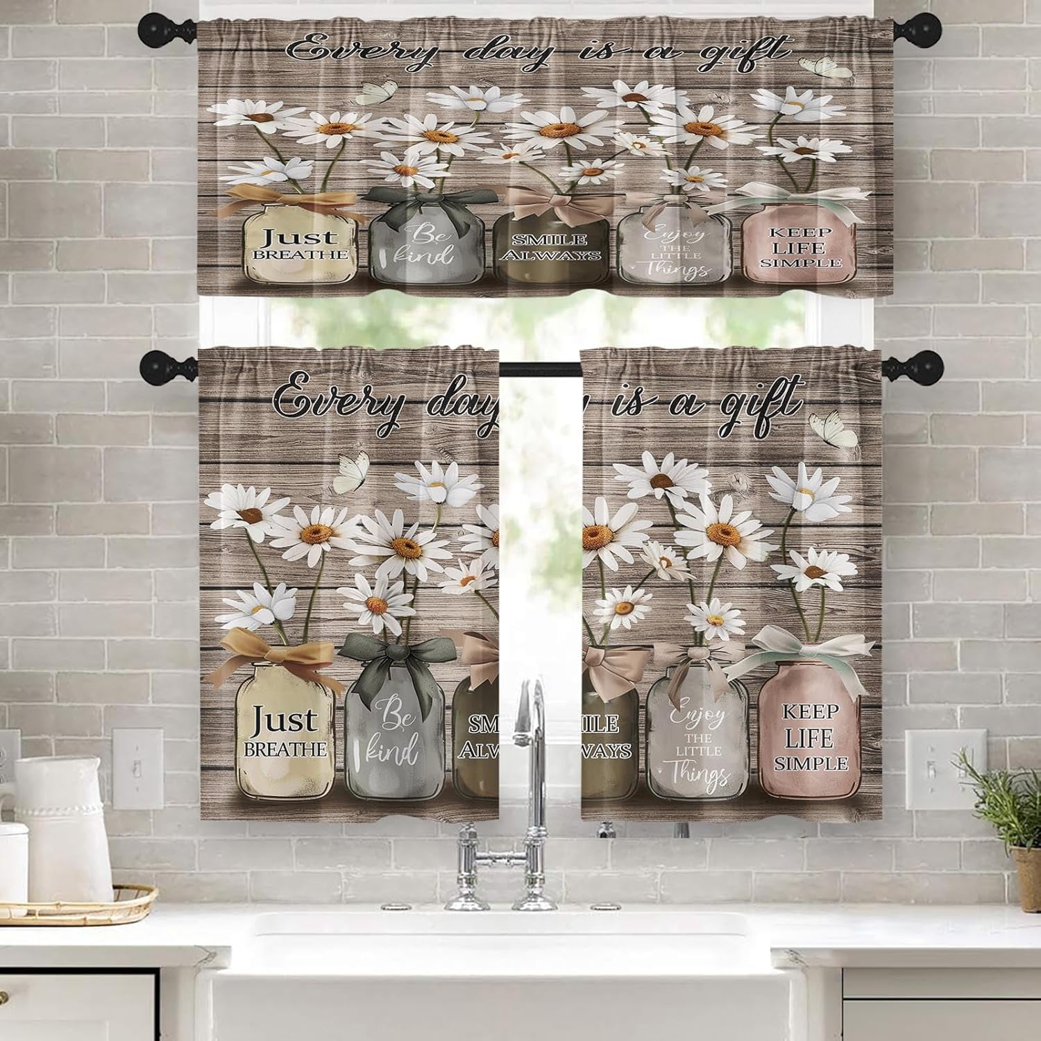 Farmhouse Floral Kitchen Window Curtains Valance and Tier Set 36 Inch ...