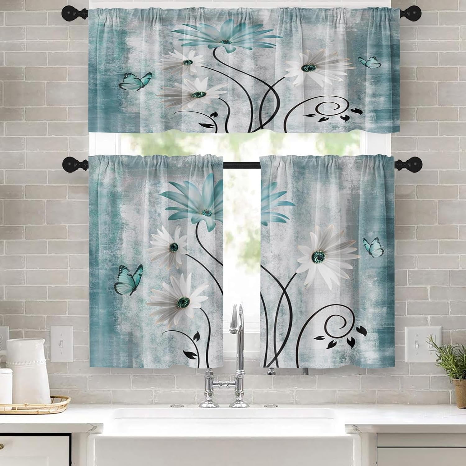 Farmhouse Floral Kitchen Window Curtains Valance and Tier Set 36 Inch ...