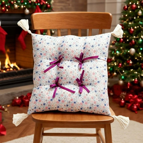 Farmhouse Floral Print Chair Cushions with Bow-Tie Elegance Ties&Four ...