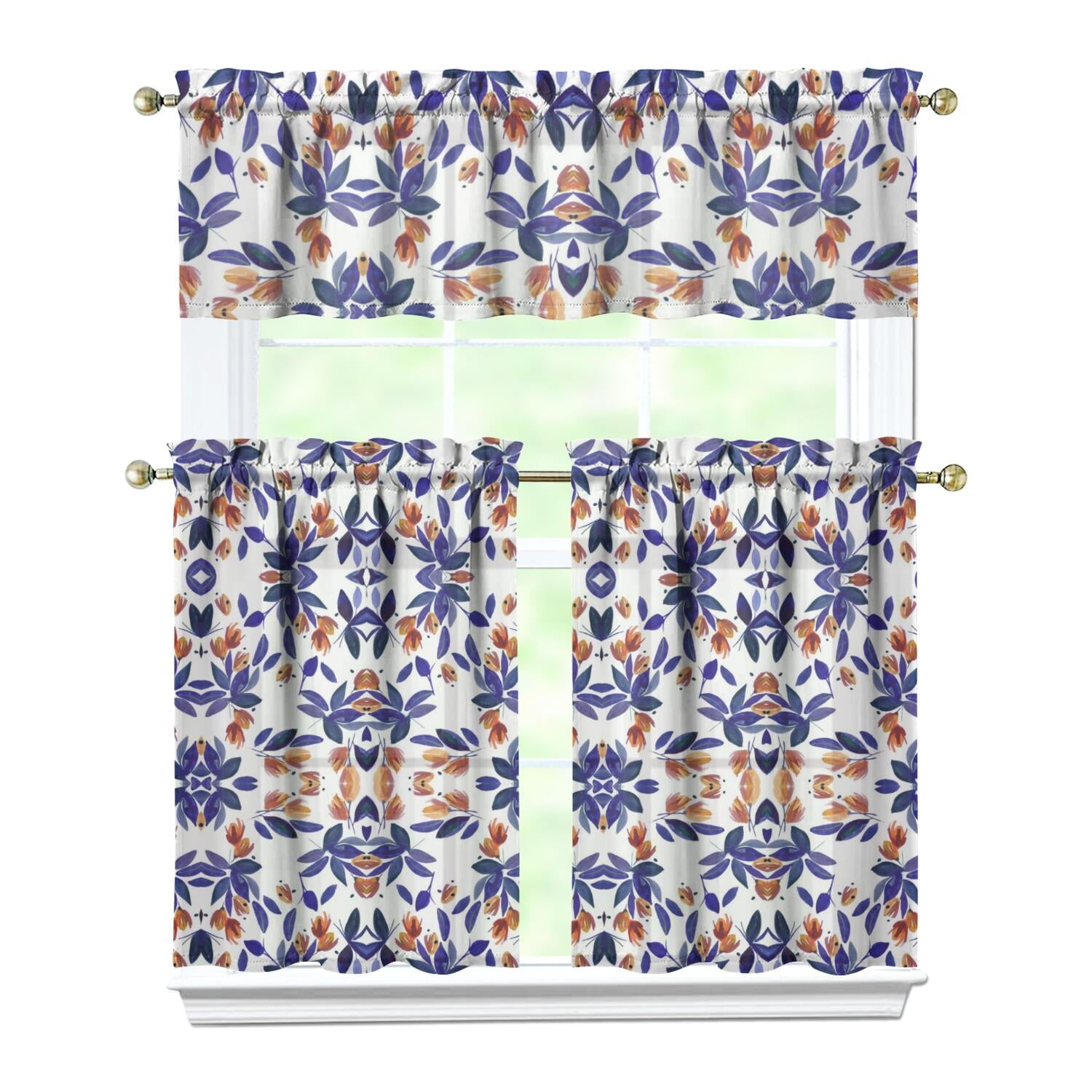 Farmhouse Floral Print Kitchen Curtains Set of 3 - Rustic Watercolor ...