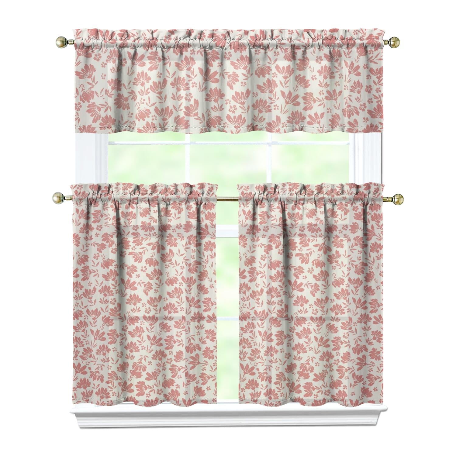 Farmhouse Floral Print Kitchen Curtains Set of 3 - Rustic Watercolor ...