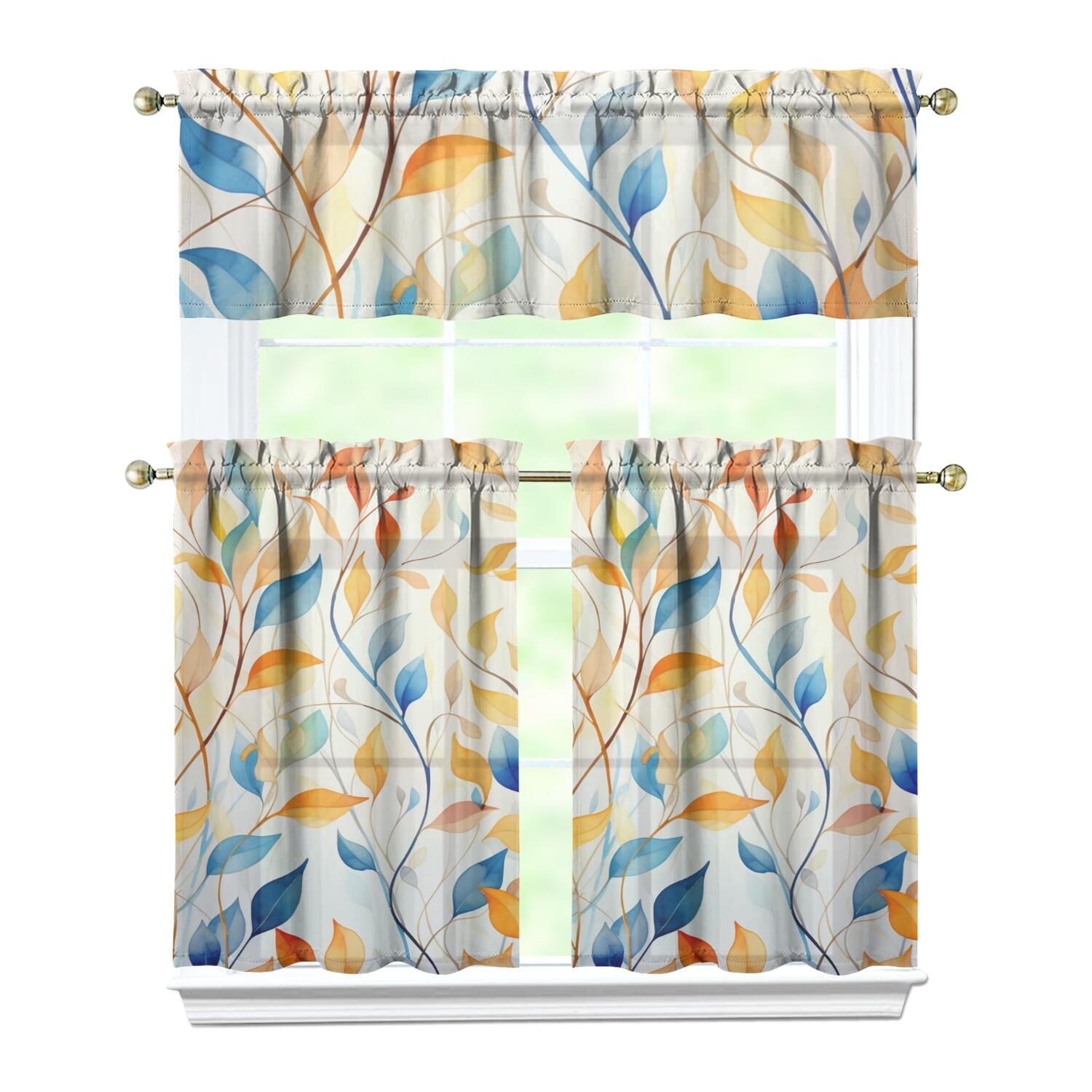 Farmhouse Floral Print Kitchen Curtains Set of 3 - Rustic Watercolor ...