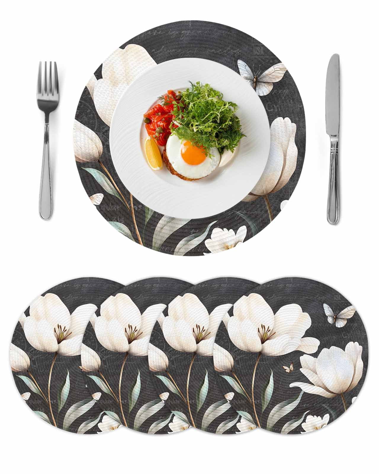 Farmhouse Floral Round 13 Inch Placemats Set of 4, Magnolia Flowers ...