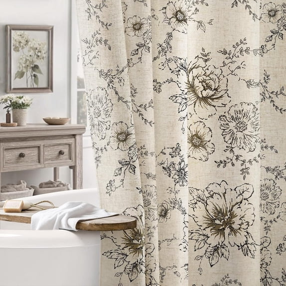 Farmhouse Floral Shower Curtain in Black-Taupe Base, Extra Long 72" W x ...