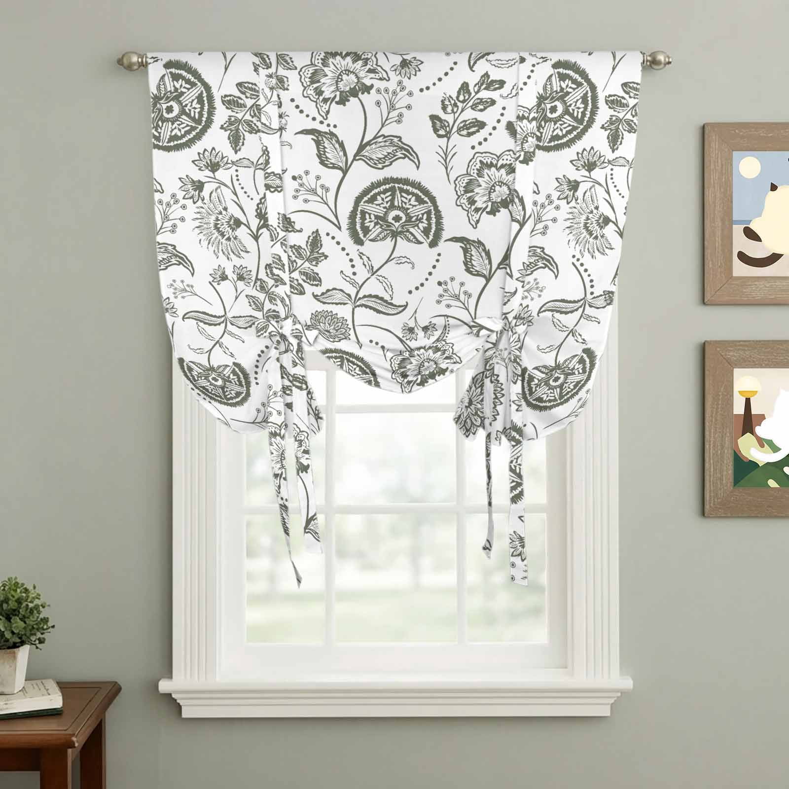 Farmhouse Floral Tie Up Curtain 63 Inches Long, Seaweed Green Pastoral ...