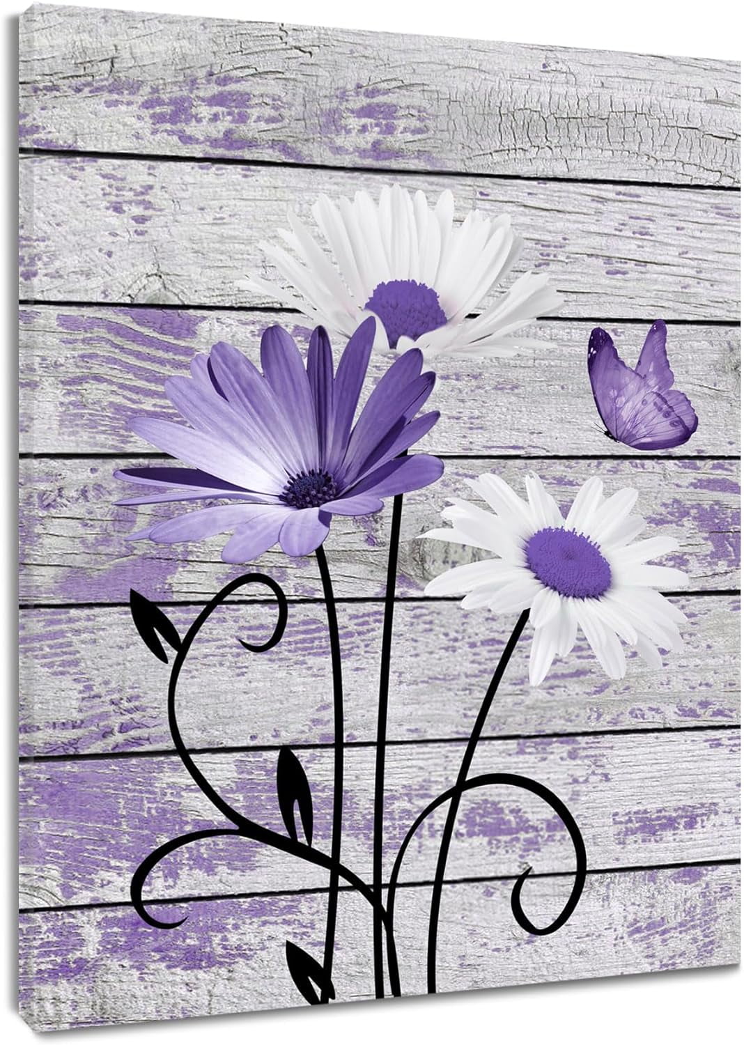 Farmhouse Floral Wall Art for Living Room, Purple and White Daisy Flower and Butterfly on Rustic ...