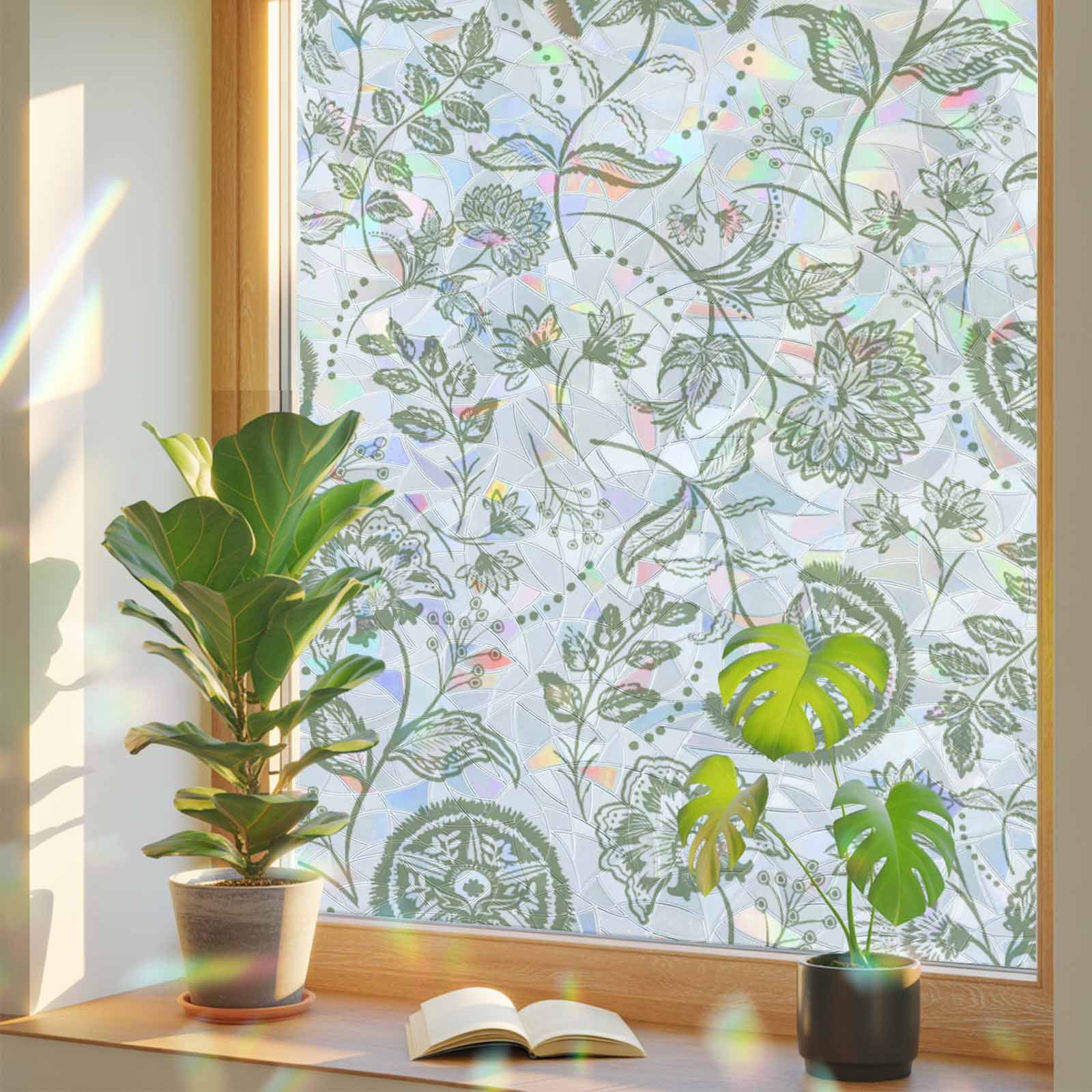 Farmhouse Floral Window Privacy Film, Light Green Pastoral Botanical ...